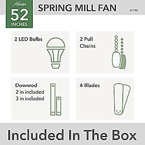 Hunter Fan Company, 50336, 52 inch Spring Mill Matte Black Indoor / Outdoor Ceiling Fan with LED Light Kit and Pull Chain