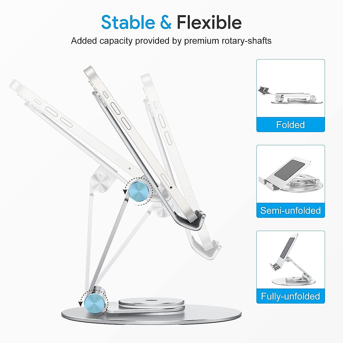 OMOTON Swivel Tablet Stand for iPad with 360 Rotating Base, Foldable Adjustable Holder for Drawing, Compatible with iPad Pro/Air/Mini and More, Silver