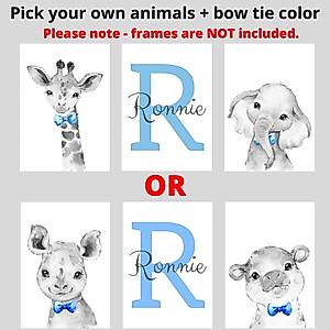 Safari Animals Boys Nursery Bedroom Unframed set of 3 Poster Prints, Personalized Name Blue Green Yellow Bow Tie Wall Art Decor New Baby Gift Present, Elephant Giraffe Lion Zebra (9x12)