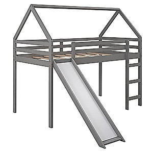 CITYLIGHT Kids Loft Bed with Slide, Twin Loft Bed Frame,House Bed Loft Twin Bed, Wood Low Loft Bed Twin with Roof for Girls Boys, No Box Spring Needed (Grey,Twin Size)