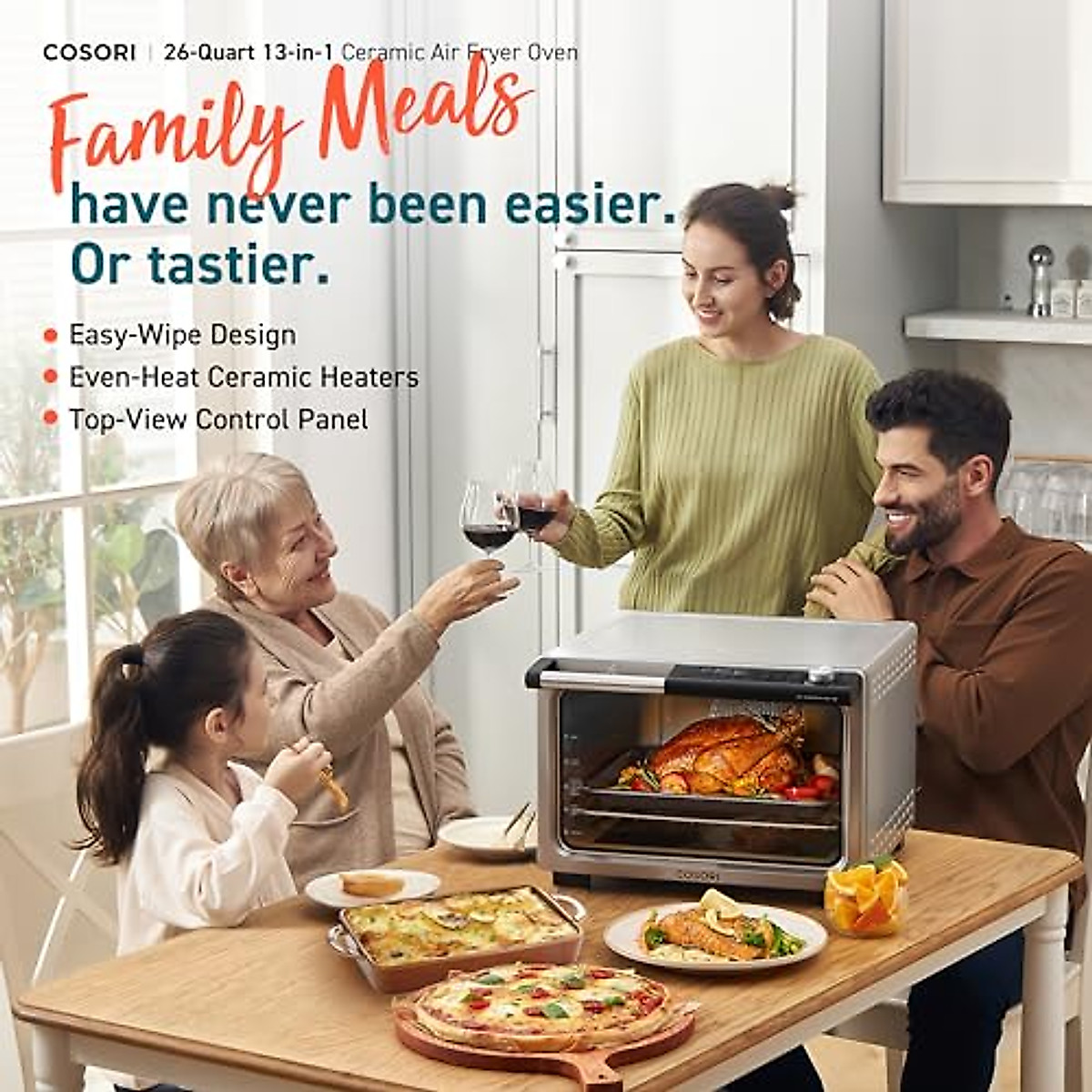 COSORI 11-in-1 Ceramic Air Fryer Toaster Oven Combo, Mother's Day Gift, Flat-Sealed Heating Elements for Easy Cleanup, Innovative Burner Function, 5 Accessories & Recipes, 26QT, Silver