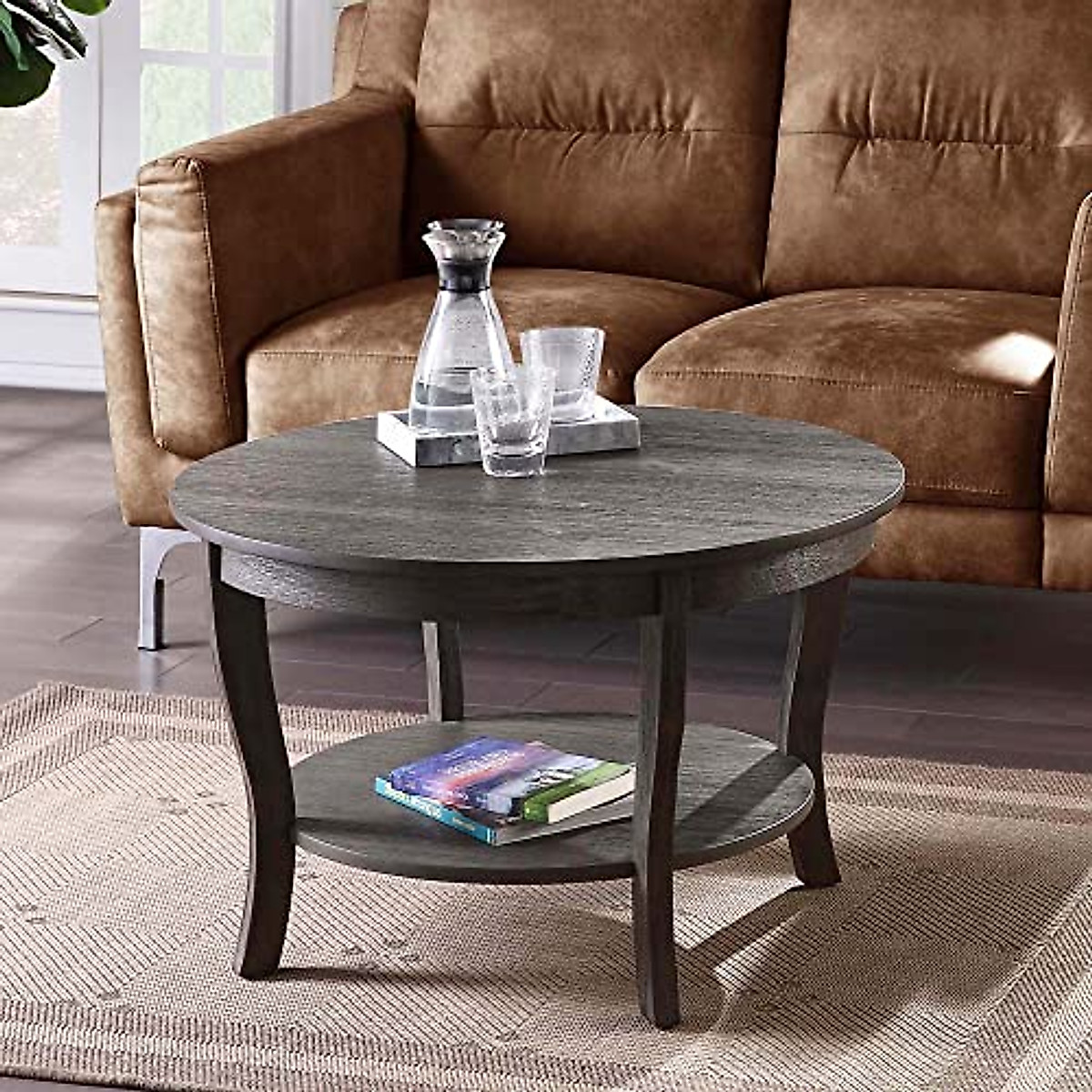 Convenience Concepts American Heritage Round Coffee Table with Shelf, Wirebrush Dark Gray