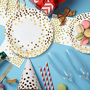 CENLBJ White and Gold Party Supplies,Disposable Party Dinnerware,Golden Dot Paper Plates,Napkins,Forks for Wedding,Birthday,Cocktail Party,Anniversaries,Engagements Serve 25