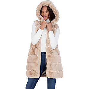 VIA SPIGA Women's Grooved Faux Fur Hooded Vest Beige Size L