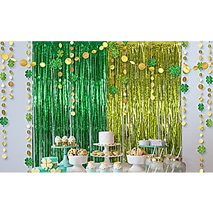 Green Gold Tinsel Foil Fringe Curtain Backdrop Shamrock Clover Garland Kit for St Patrick’s Day Decorations Irish Party Decoration Spring Wedding Engagement Birthday Party Supplies