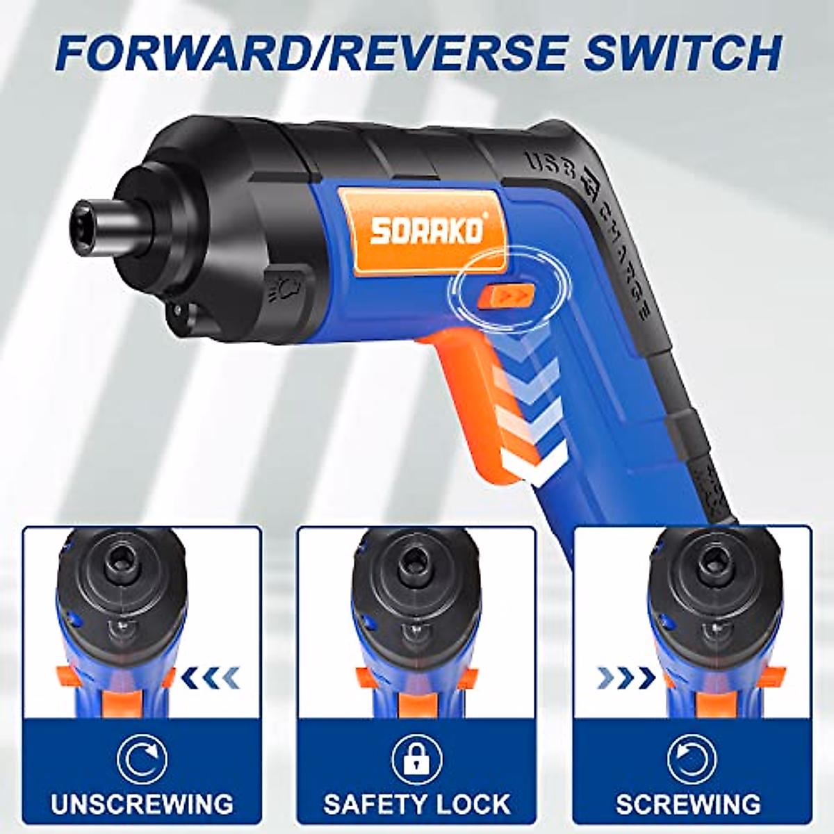 Cordless Screwdriver 4V, SORAKO Small Electric Screwdriver, Power Screwdriver Rechargeable with led right, 6Nm Screw Gun, 10 PCS Screwdriver Kit for Home DIY