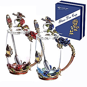 Vivimee 2 Pack Tea Cups with Lids, 12 oz Clear Glass Cups with Spoon Set, Flower Tea Cup Set, Mother's Day Gifts, Glass Tea Cups for Women, Tea Mug for Coffee, Tea, Juice, Milk Hot and Cold Drinks
