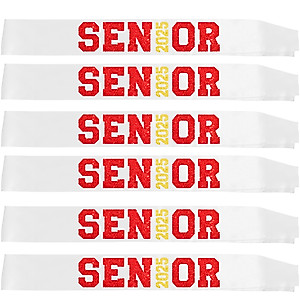 6Pcs White Senior 2025 Satin Sashes with Red Gold Glitter Letters- 2025 Graduation Celebrations Sashes - Senior Cheer Sash - Cheerleader Sash - Class Competition Sashes