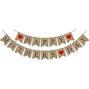 Happy Mother’s Day Burlap Banner Mother's Day Bunting Garland Rustic Mothers Day Banner with Heart Happy Mother's Day Bunting for Mother's Birthday Gifts from Daughter and Son Party Photo Prop