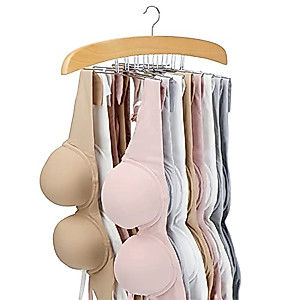 Bra Hanger Organizer with Premium Wood, 16 Large Capacity, Space Saving, 360° Rotating, Foldable Metal Hooks, Resovo Bra Closet Organizer for Bras, Tank Tops, Bathing Suits, Ties-Wood