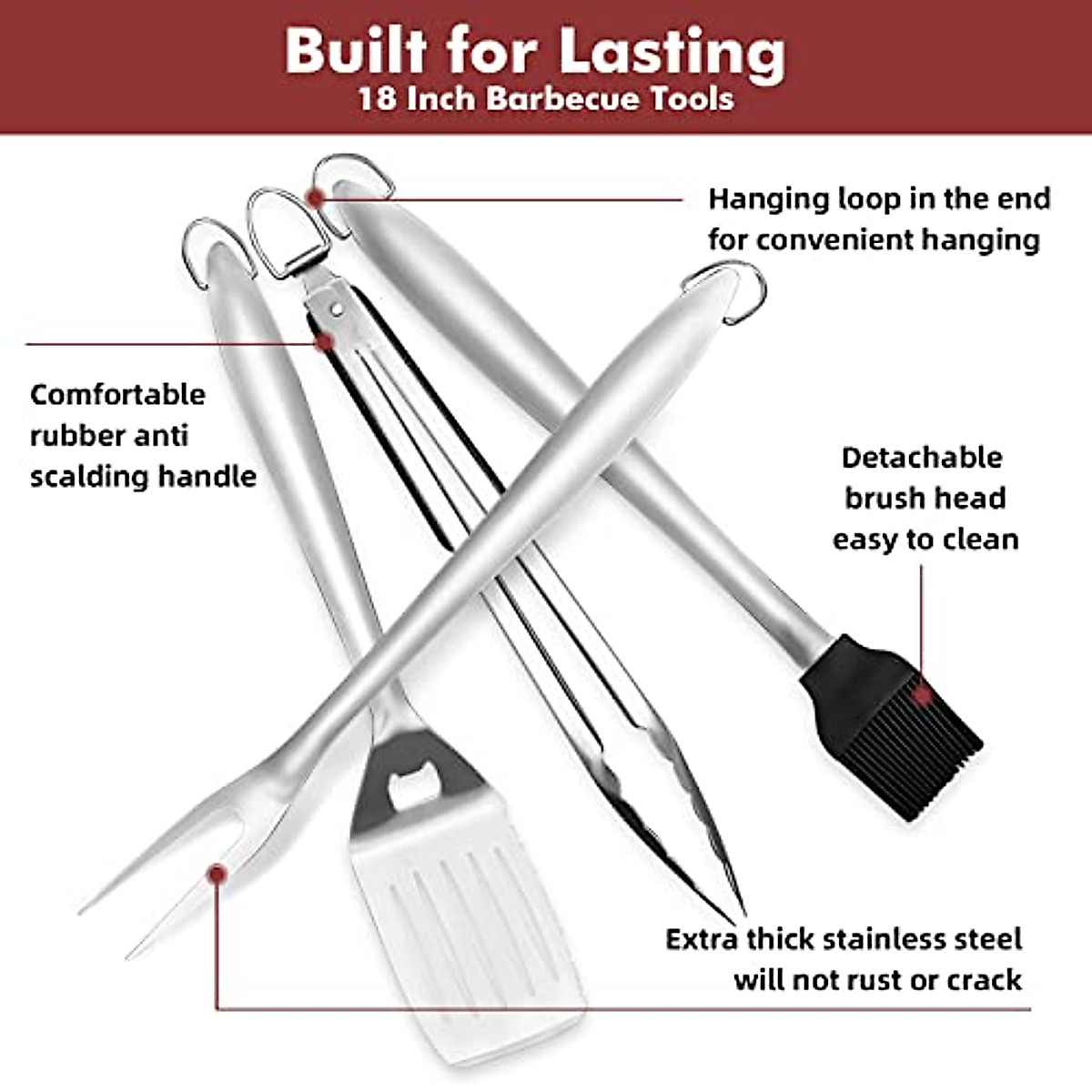 CTCCORC 18 Inch Grill Tool Sets, 4PCS BBQ Barbecue Tool Sets with Durable Spatula, Fork, Tongs, Basting Brush, Heavy Duty Stainless Steel Outdoor Cooking Tools Camping Grilling Tools Accessories