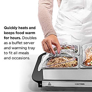 Chefman Electric Buffet Server + Warming Tray w/Adjustable Temperature & 3 Chafing Dishes, Hot Plate Perfect for Holidays, Catering, Parties, Events & Home Dinners, 14" x 14" Surface, Stainless Steel