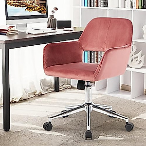 FurnitureR Velvet Home Office Chair, Mid Back Desk Chairs with Rolling Wheels, Adjustable Task Chair for Living Room, Bedroom, Make-up, Studying, Small Spaces - Rose
