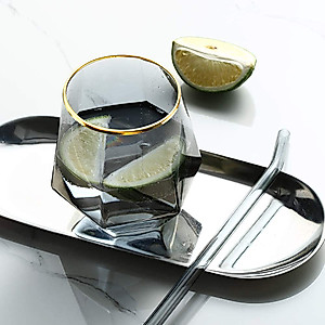 Diamond Whiskey Glasses, 4 PCS Rocks Glasses Gold Banded Cocktail Drinkware for Rum, Scotch or Wine Glasses, Tumblers Old Fashion Elegant Glass Unique Christmas New year Father's Day Gifts (Gray)