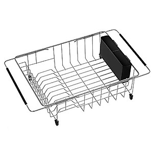 iPEGTOP Expandable Deep & Large Dish Drying Rack, Over The Sink, in Sink Or On Counter Dish Drainer Basket Shelf with Black Removable Utensil Silverware Holder, Rustproof Stainless Steel