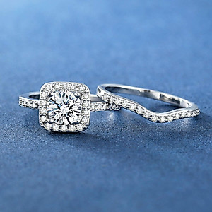 MDFUN 18K White Gold Plated Cubic Zirconia Two-In-One Halo Wedding Engagement Promise Eternity Ring for Women Size 7