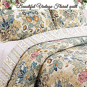 Cozy Line Home Fashions Luxury Classic Bedding Quilt Set, 100% Cotton Beige Blue Floral Pink Flower Bohemian Style Reversible Bedspread Coverlet (Art Painting, King - 3 Piece)