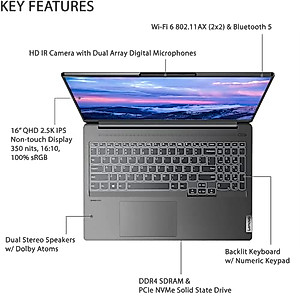 Lenovo Ideapad 5i Pro Laptop, 16" QHD 2.5K IPS Display, Intel Core i5-11300H, GeForce MX450, 8GB RAM, 512GB SSD, IR Camera, Backlit Keyboard, WiFi 6, Windows 11 Home