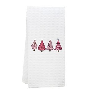 KEUSPI Farmhouse Vintage Hot Pink Christmas Tree Waffle Kitchen Towel Dish Towel Cloth,Winter Xmas Holiday Drying Cloth Tea Hand Towels for Kitchen Drying Washing Cooking Baking Decorations