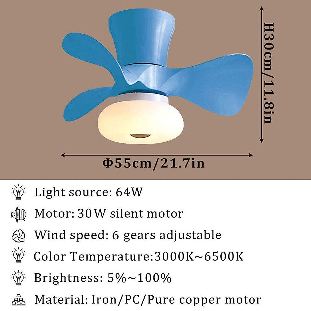 YUEGOO Kids Bedroom Ceiling Fan with Light Reversible with Remote Control 6 Speeds Led Dimmable Fan Ceiling Light 64W with Timer Modern Quiet Ceiling Fan Light