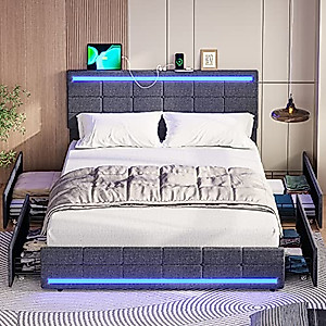 Tiptiper LED Bed Frame Queen Size with 2 USB Ports, LED Headboard & Footboard,Platform Bed Frame Queen Size with Storage Drawers, No Box Spring Needed, Easy Assembly, Dark Grey