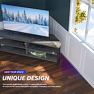 Unikito Corner TV Stand with Power Outlet, Corner Entertainment Center Media TV Console Table with 4 Open Storage Cabinet Shelve Wood TV Stand for Living Room for 55 inch TV, Gray Oak