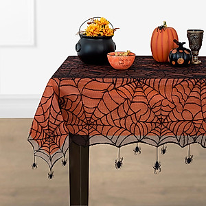 Elrene Home Fashions Crawling Spider Halloween Tablecloth Lace Lined with Removable Orange Plastic Liner, 60" x 84" Rectangle, Orange & Black