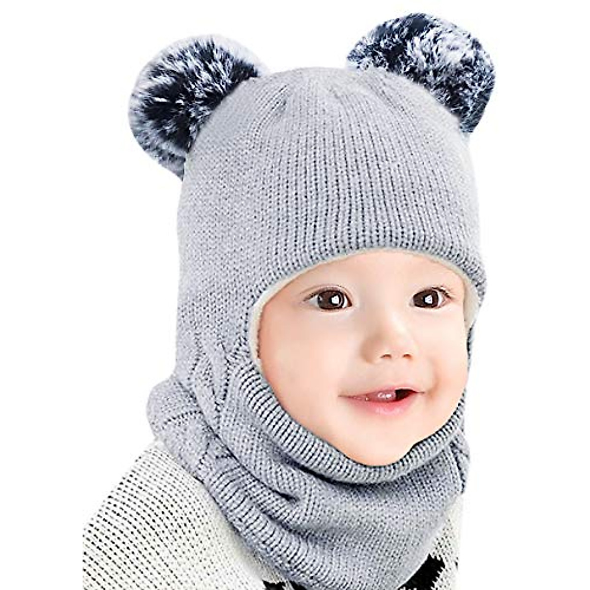 Bienvenu Baby Boy Girl Winter Hat, Kids Earflap Hat with Scarf, Toddler Fleece Beanie Cap Balaclava, Gray