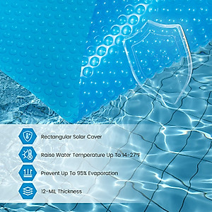 GYMAX Pool Cover, 16 FT x 32 FT 12-mil Solar Pool Cover with Carry Bag, Heat Retaining Rectangle Bubble Cover Floating Spa Blanket for Tub, In-Ground & Above Ground Swimming Pools (Blue)