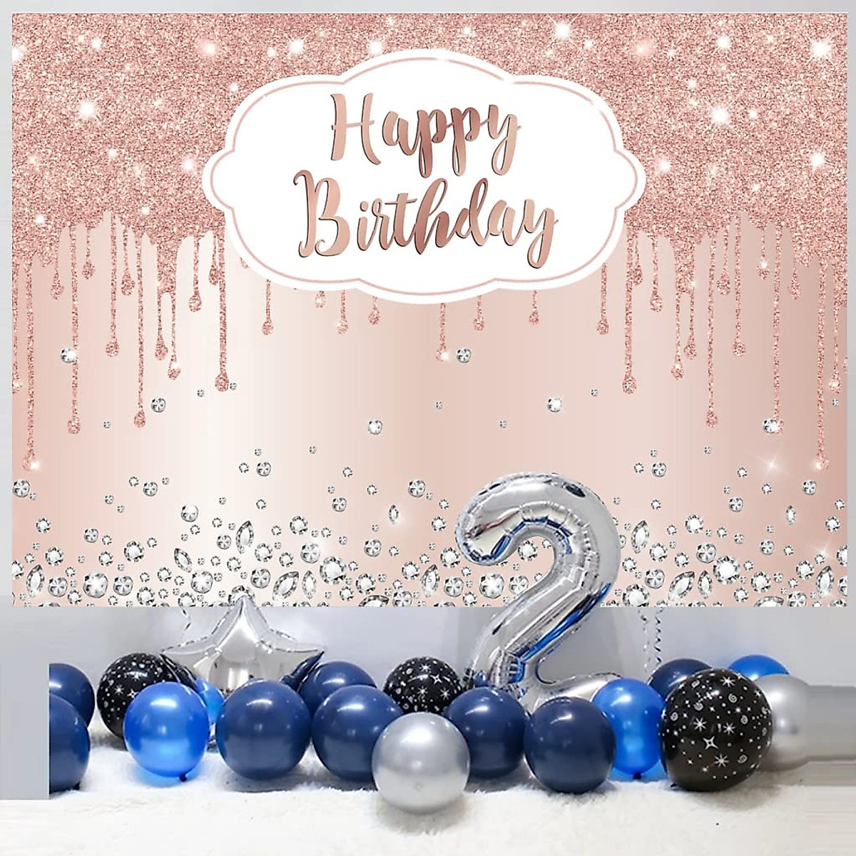 ASOONYUM 7x5ft Pink Gold Happy Birthday Backdrop Rose Golden Sparkling Diamond Background for Photography Girls Women Sweet 16th 18th 21th 40th 50th Birthday Party Decorations Cake Table Banner