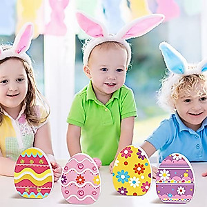 4Pcs Happy Easter Egg Table Wooden Sign Spring Egg Shape Wood Tabletop Decorations Reversible Double Printed Decor for Easter Party Desk Office Home Party Supplies Farmhouse Gift