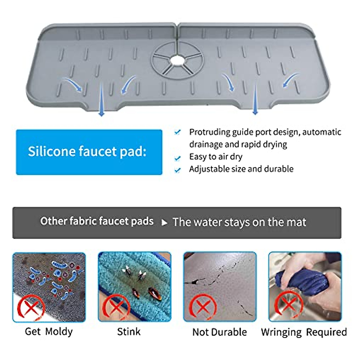 RBINITION Kitchen Sink Splash Guard, Silicone Faucet Drip Catcher,Faucet Absorbent Mat, Sink Draining Pad Behind Faucet, Sink Protector for Kitchen Sink Countertop, Bathroom