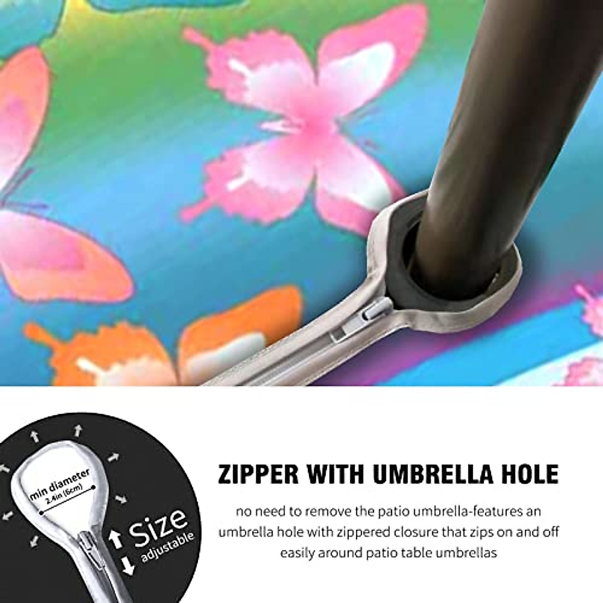 Lirduipu Butterfly Pattern Round Outdoor Tablecloth,Round Tablecloth with Umbrella Hole and Zipper for Patio Garden,Waterproof Spill-Proof,for Patio Table with Umbrella Hole(72" Round,Blue Orange)