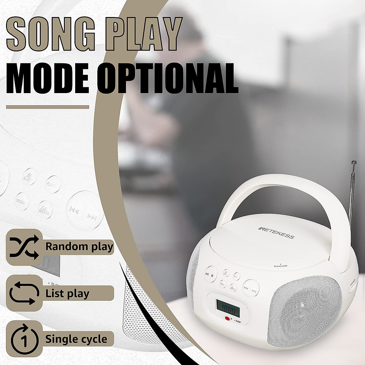 Retekess TR636 Boombox CD Player, CD Boombox AM FM Radio, Bluetooth, Remote Control, USB, AUX, LCD Display, AC or Battery Powered, Stereo System for Home