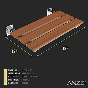 ANZZI Wall Mount Spa Bohemian 18.7 in x 12.4 in Rhino Alloy Certified Bathroom Accessories Folding Teakwood Shower Bench AC-AZ202