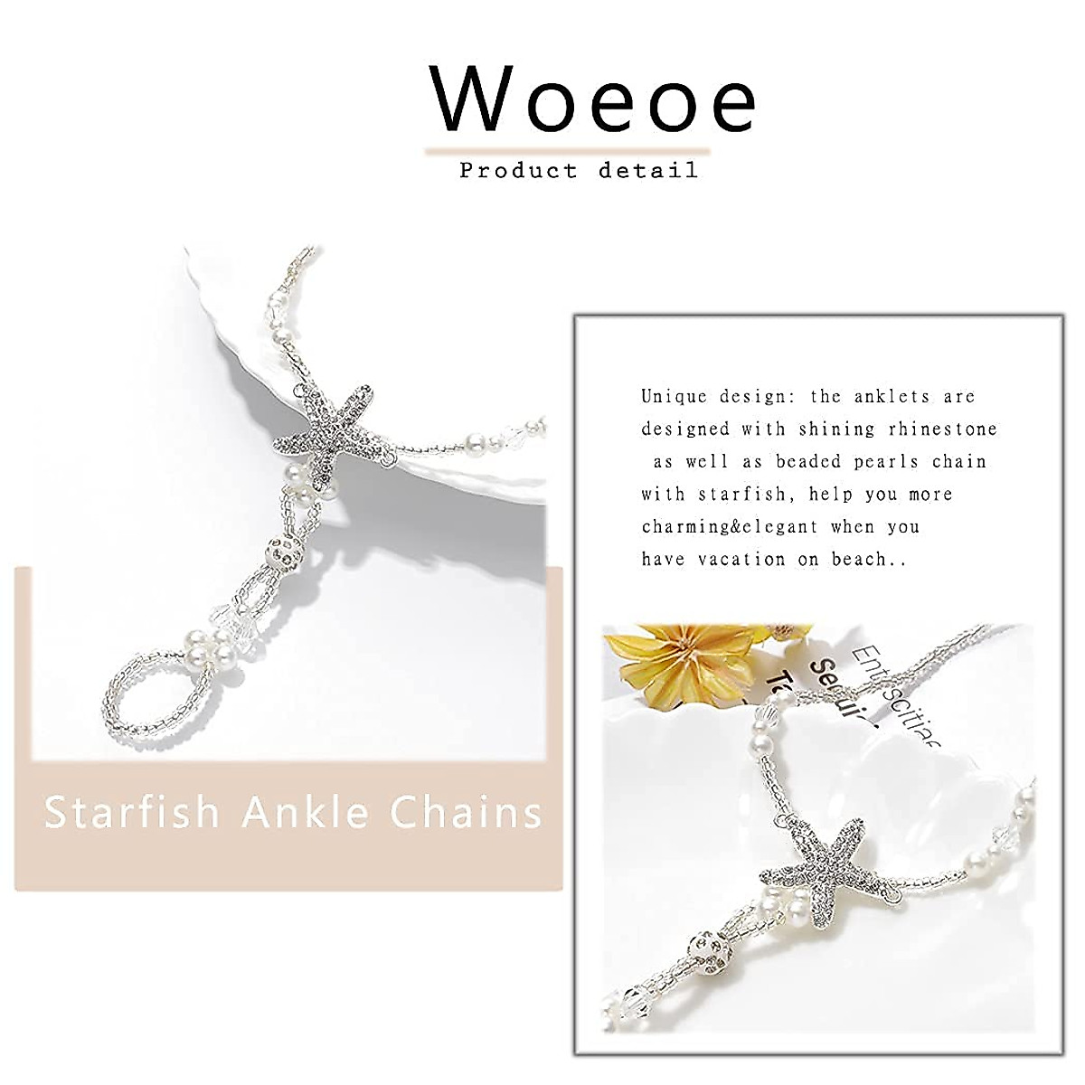 Woeoe Boho Crystal Anklet White Starfish Ankle Chains Beach Pearl Barefoot Sandals Ankle Bracelet Summer Foot Chain Jewelry for Women