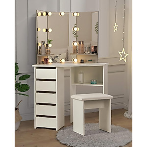 VOWNER Vanity Desk with Mirror and Lights - Vanity with 3 Lighting Options, Adjustable Brightness, Vanity Set with 5 Sliding Drawers, Shelves and Vanity Stool, Corner Vanity for Women Girls, White 43"