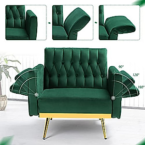 ACMEASE Velvet Accent Chair with Adjustable Armrests and Backrest, Button Tufted Lounge Chair, Single Recliner Armchair with Ottoman and Pillow for Living Room, Bedroom, Green