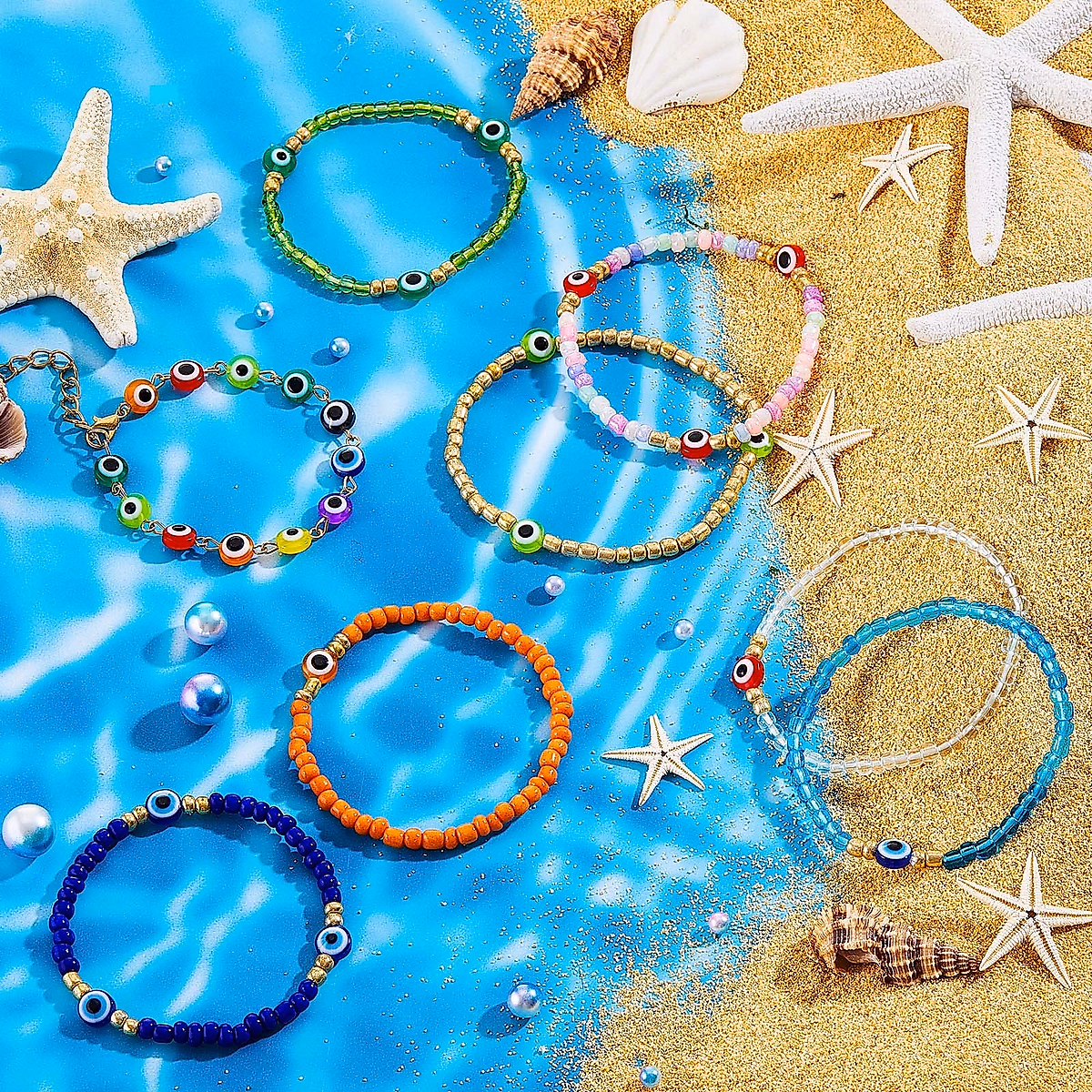 Kigeli 48 Pcs Beaded Evil Eye Bracelet Handmade Religious Protection Bracelet Elastic Lucky Turkish Jewelry Good Luck Nazar Amulet Bangle for Women Men Teens