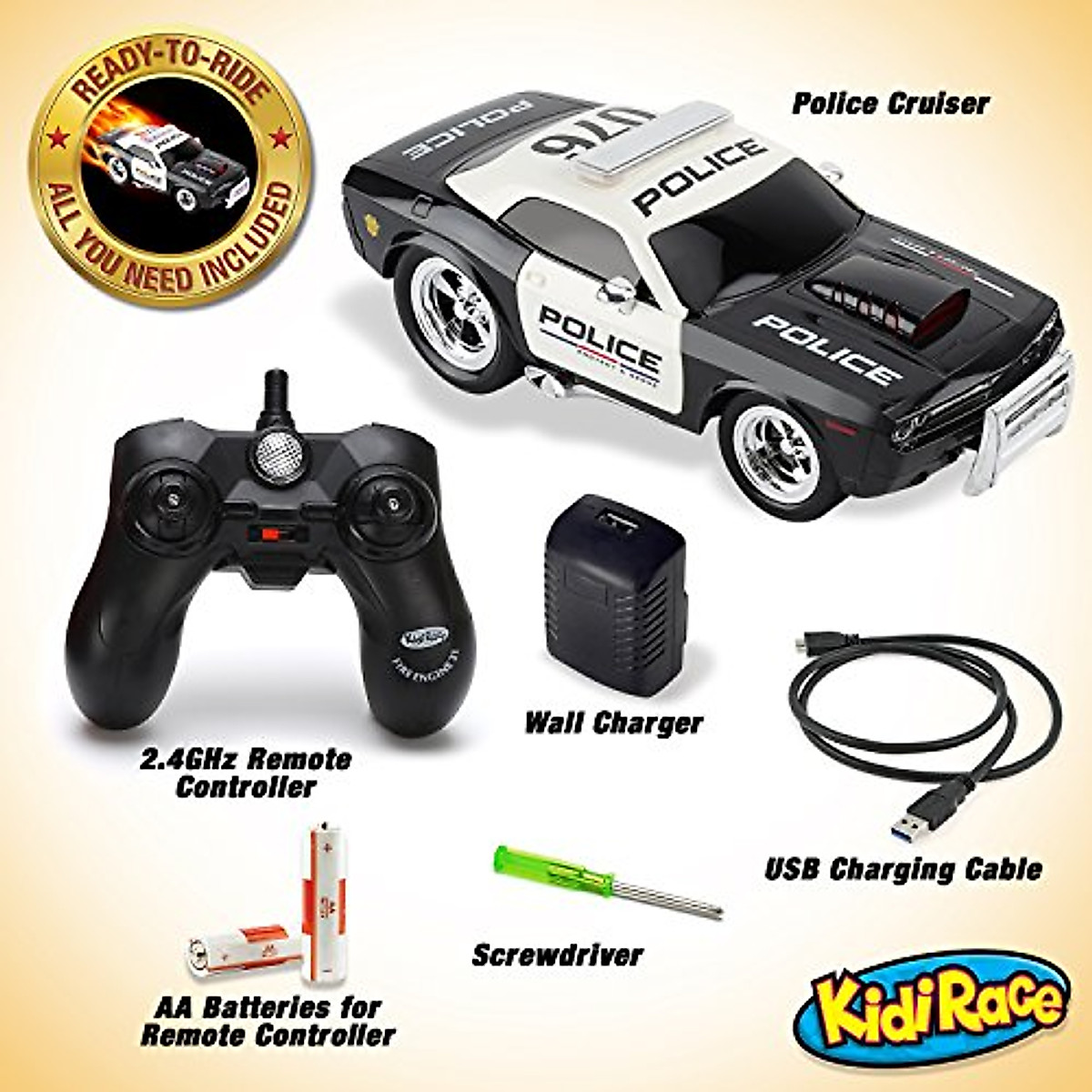 KidiRace Remote Control Police Car Toy with Lights and Sirens for Boys - Rechargeable Cop Car - Durable RC Police Car Toy for Kids 3 Years and Up
