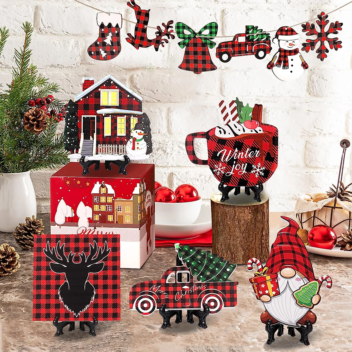 Lucomb 19 Pcs Christmas Tiered Tray Decor Set, Brown Wooden Signs, Farmhouse Rustic Decor, Indoor Kitchen Table Decorations