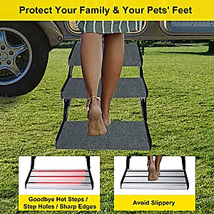 RV Steps Covers Rugs 3 Pack, 18 Inch Wide RV Camper Step Stair Covers, Wrap Around Camper Stair Rugs Radius Carpet with Spring Hooks, Grey