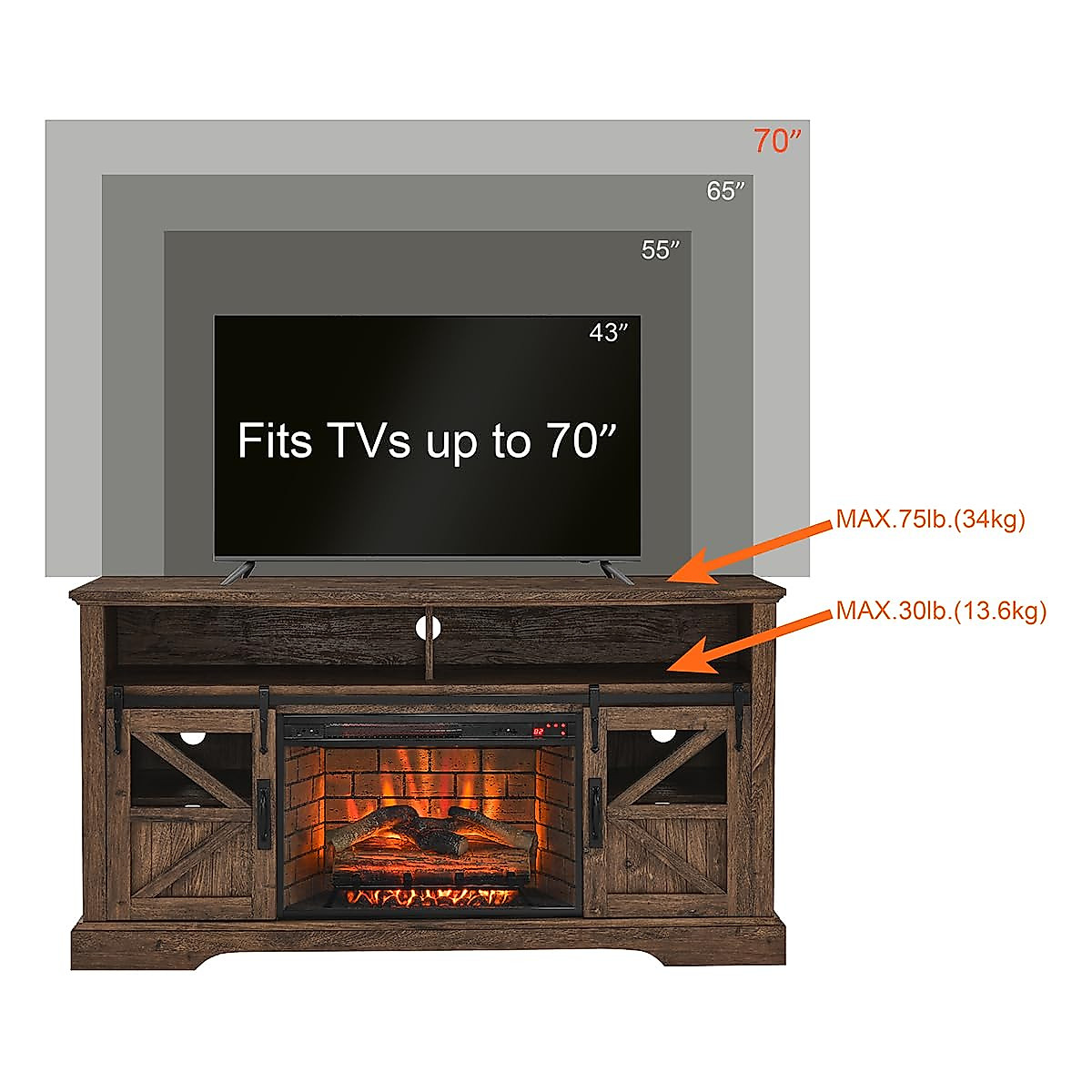 60'' Electric Fireplace TV Stand, Media Console Table for TVs up to 70 Inches, Farmhouse Entertainment Center with Door Sensor, 27.2 Inch Fireplace Insert, Sliding Barn Door, Brown