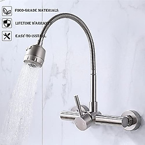 Wall Mount Faucet with Sprayer 7.6-8.4 Inch Center, Commercial Kitchen Sink Faucet, Brushed Nickle Stainless Steel Sink Mixer Tap, Laundry Utility Faucets with Pull Down Sprayer, NSF Lead-Free