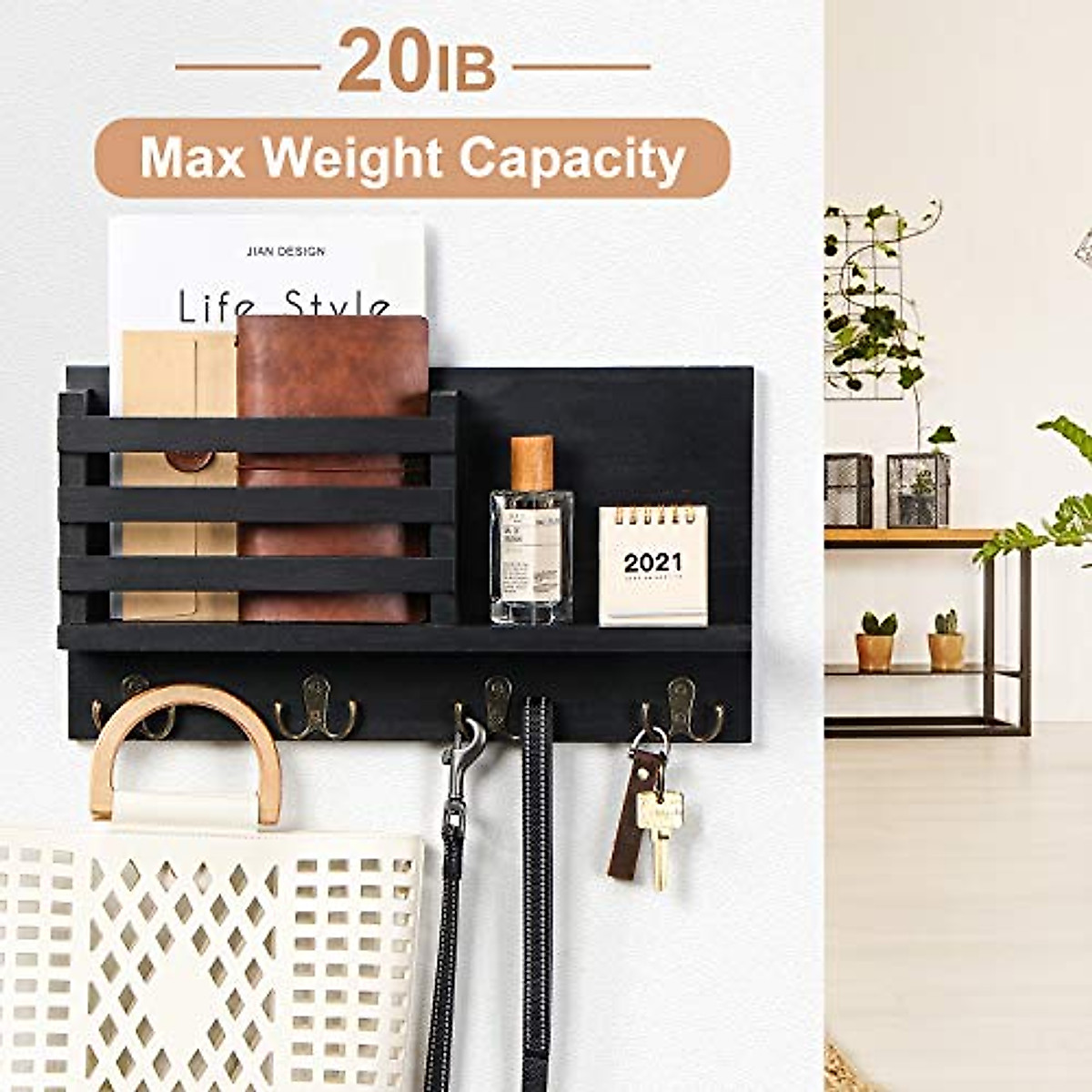 Nekon Mail Holder for Wall – Rustic Mail Organizer with Key Hooks for Hallway Kitchen Farmhouse Decor – Letter Sorter Made of Paulownia Wood with Floating Shelf, (16.5” x 9.1” x 3.4”)