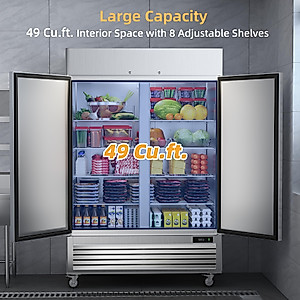Coolski 54’’ Commercial Freezer with 2 Door, Stainless Steel Reach-in Freezer Upright with 49 Cu.Ft/8 Shelves, Two Section Fan Cooling Freezers for Restaurant Garage ETL NSF Approved