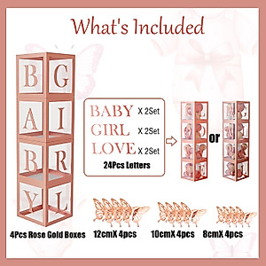 132pcs Rose Gold Baby Shower Decorations with Girl Baby Boxes, Boho Blush Pink Tan Butterfly Balloon Arch Kit Baby Box with Letters for Women Birthday Bridal Wedding Tea Party Valentine’s Day