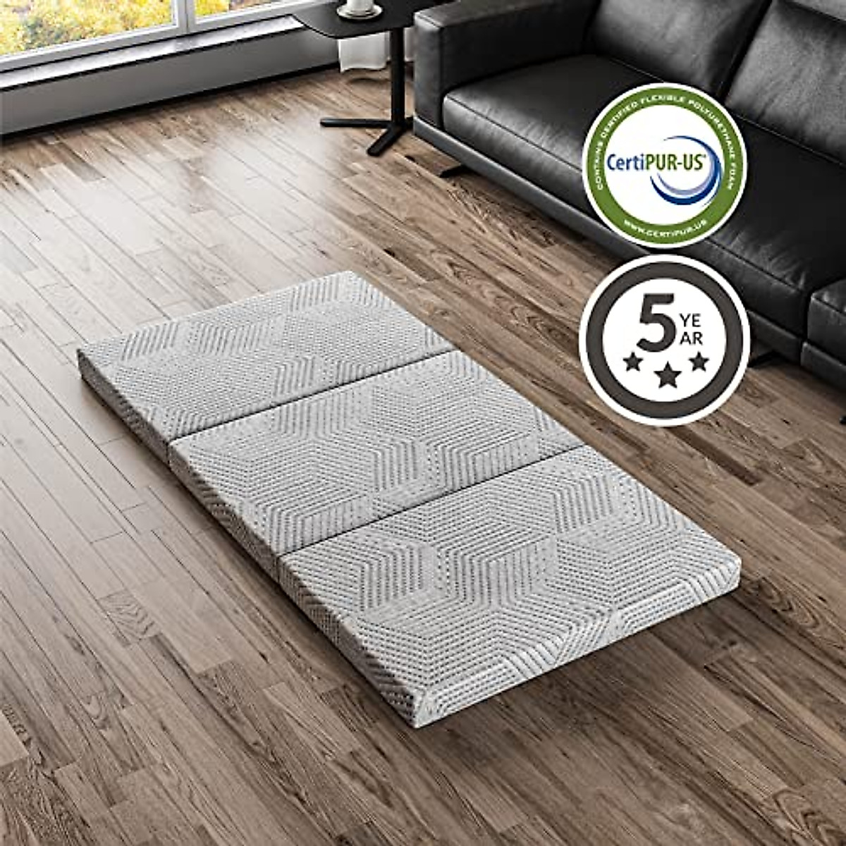 Tri-Fold Memory Foam Mattress, 4 inch Twin Folding Mattress with Collapsible and Washable Cover, Travel and Guest Mat, 75"×38"×4", Grey