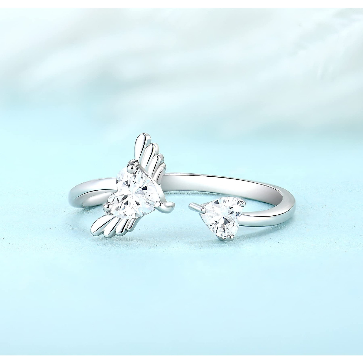 STARCHENIE Adjustable Heart Ring 925 Sterling Silver Open Angel Wings Ring for Women Size 5