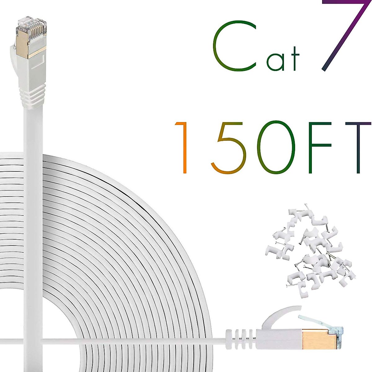Cat7 Ethernet Cable 150ft Flat High Speed Shielded (STP) Solid Computer Network Cord with Snagless Rj45 Connectors Slim Durable Internet LAN Wire for Modem,Router.Faster Than Cat5e/Cat5/cat6(White) …